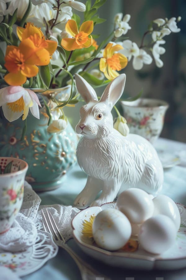 White Rabbit is Standing in Front of Vase of Flowers and Bowl of Eggs ...