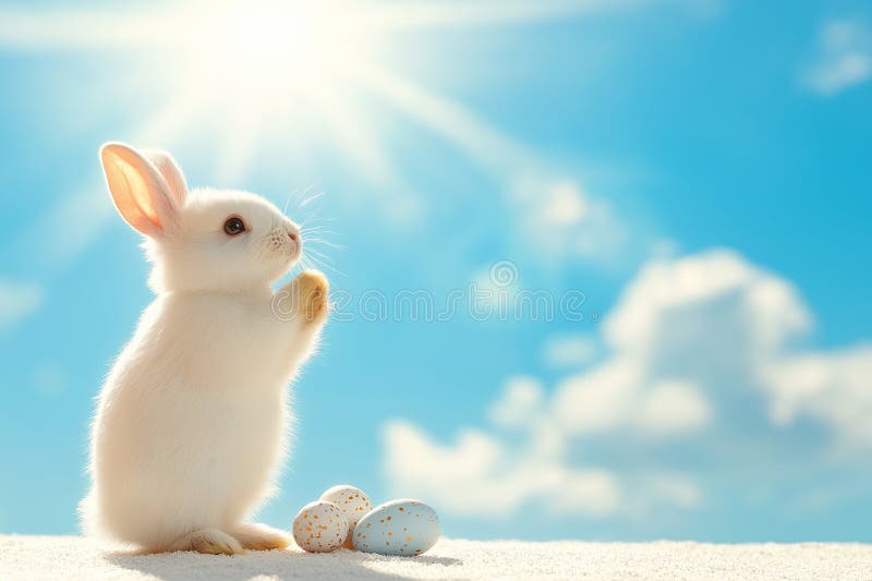 White Rabbit Standing on Hind Legs with Easter Eggs Under Blue Sky ...