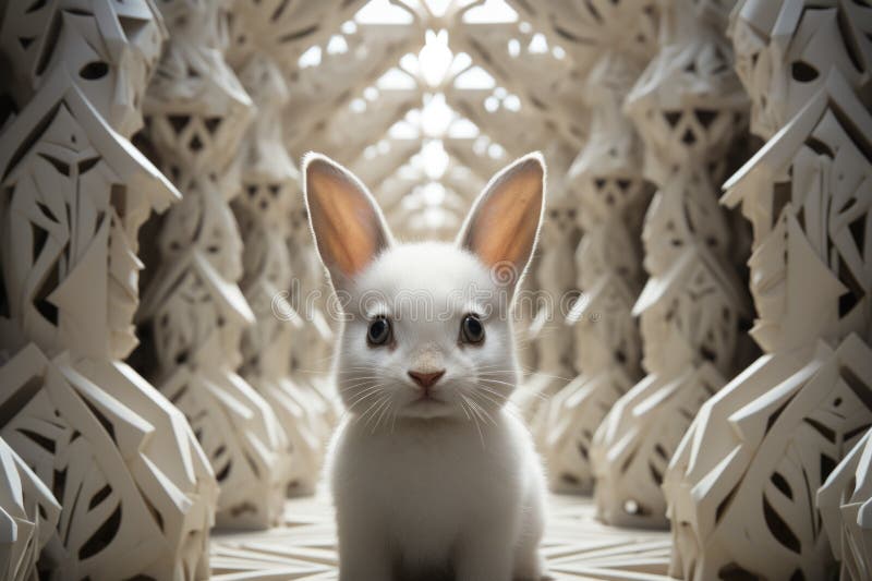 A White Rabbit is Standing in a Room with Many White Sculptures, AI ...