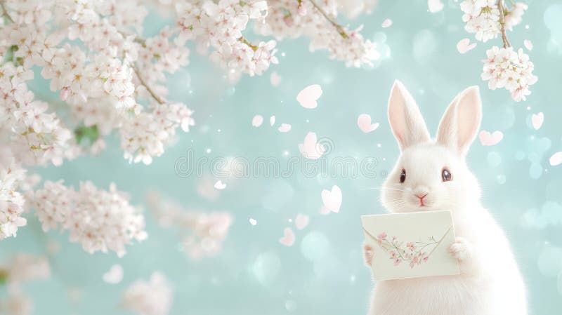 White Rabbit Holds a Letter Surrounded by Cherry Blossom Trees in a ...