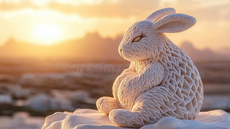A White Rabbit Statue Rests on a Rock Surrounded by Snow, Symbolizing ...