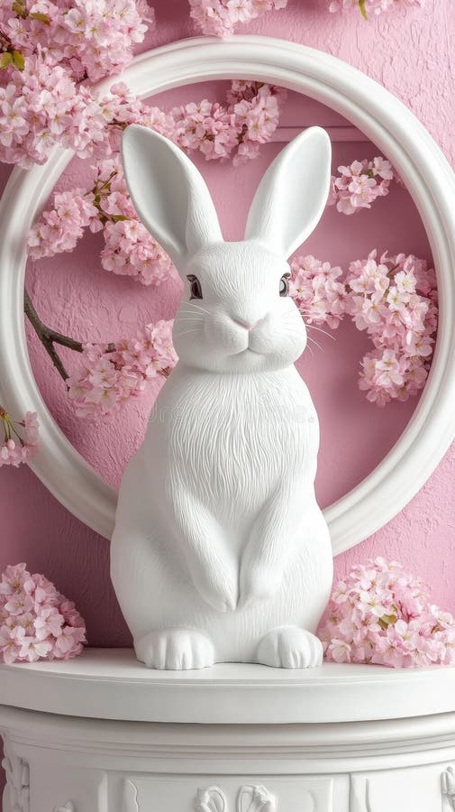 White Rabbit Statue Surrounded by Pink Cherry Blossoms on a Pastel ...