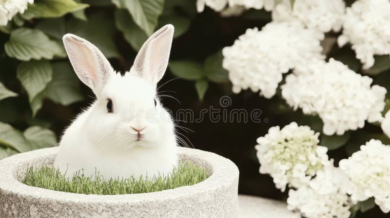 White Rabbit in Stone Pot Surrounded by Blooming White Flowers Stock ...