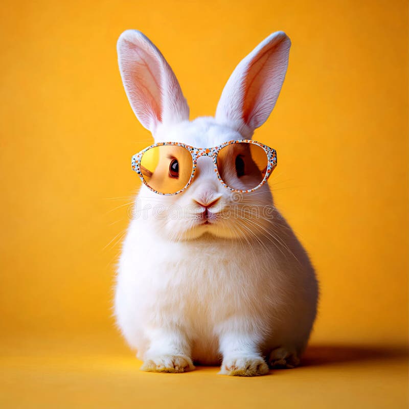 White Rabbit in Sunglasses on a Colored Background, Front View, Close ...