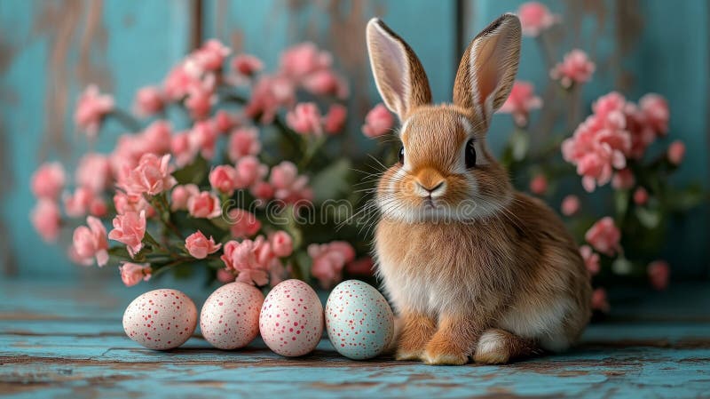 White Rabbit Surrounded by Colorful Eggs and Blossoms during Springtime ...