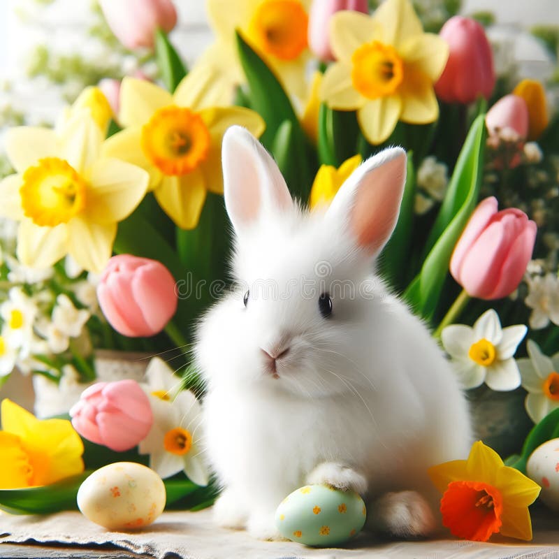 White Rabbit Surrounded by Tulips and Daffodils, a Charming Easter ...