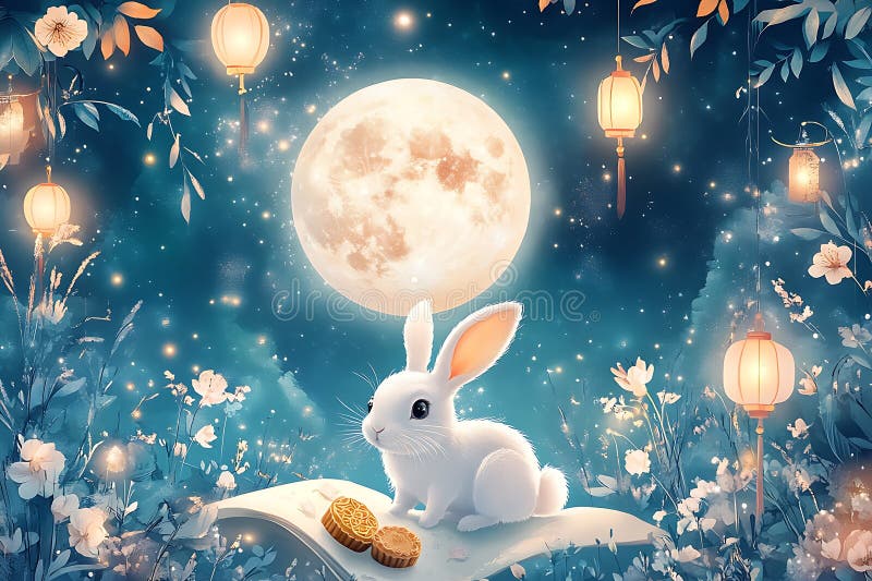 White Rabbit Under Full Moon with Lanterns Stock Illustration ...