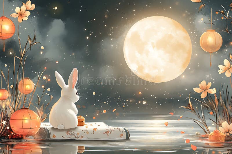 White Rabbit Under Full Moon Night, Lanterns, Flowers, Water Stock ...