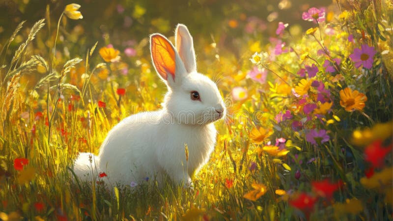 White Rabbit in Vibrant Wildflower Meadow Stock Illustration ...