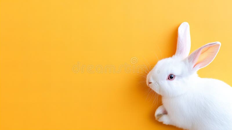 White Rabbit on Vibrant Yellow Background Looking Alert and Curious ...