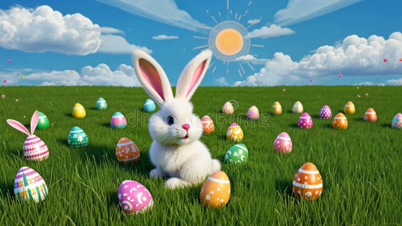 A White Rabbit Walks on the Grass among Bright Colorful Easter Eggs ...