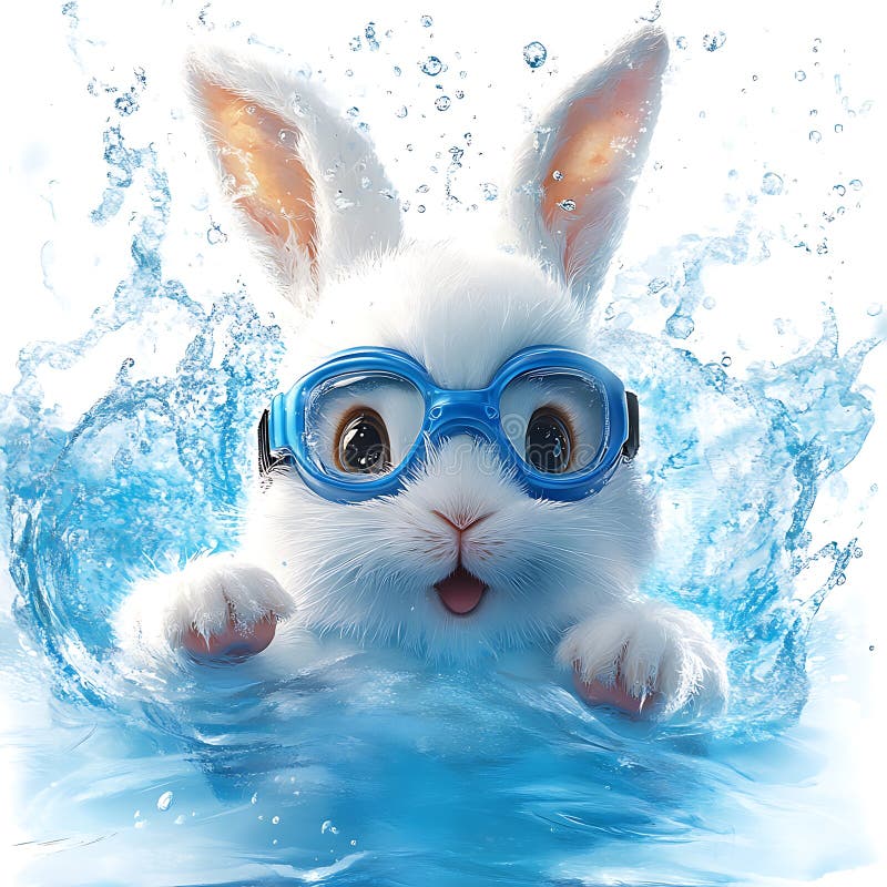 White Rabbit Wearing Blue Swimming Goggles Splashing in Clear Blue ...