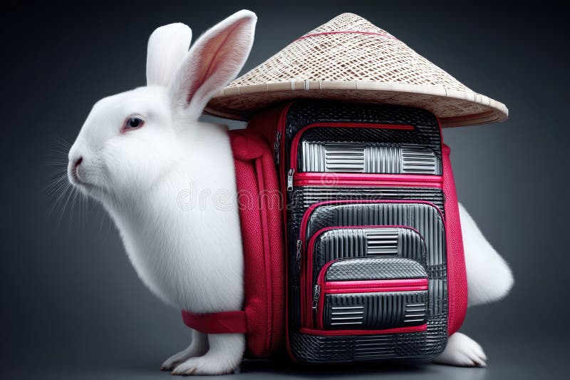 White Rabbit Wearing Conical Hat with Backpack in Studio Setting Stock ...