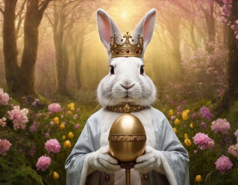 A White Rabbit Wearing a Crown and Holding a Wand with a Golden Egg in ...