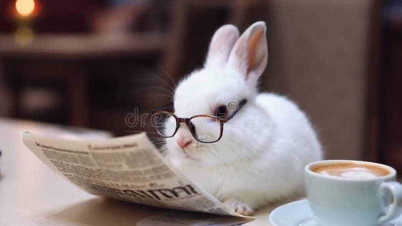White Rabbit Wearing Glasses and Reading Newspaper at the Table Stock ...