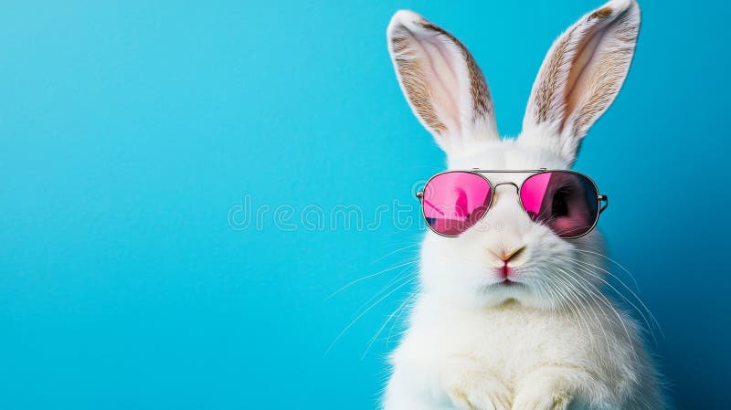 White Rabbit Wearing Pink Sunglasses Against Blue Background Stock ...