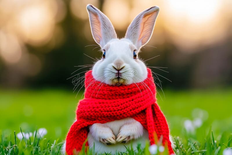 A White Rabbit Wearing a Red Scarf Sitting in the Grass Stock Photo ...