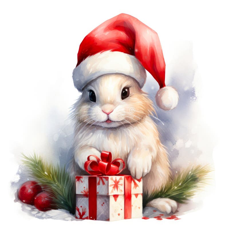 A White Rabbit Wearing a Santa Hat with a Present. Christmas Winter ...