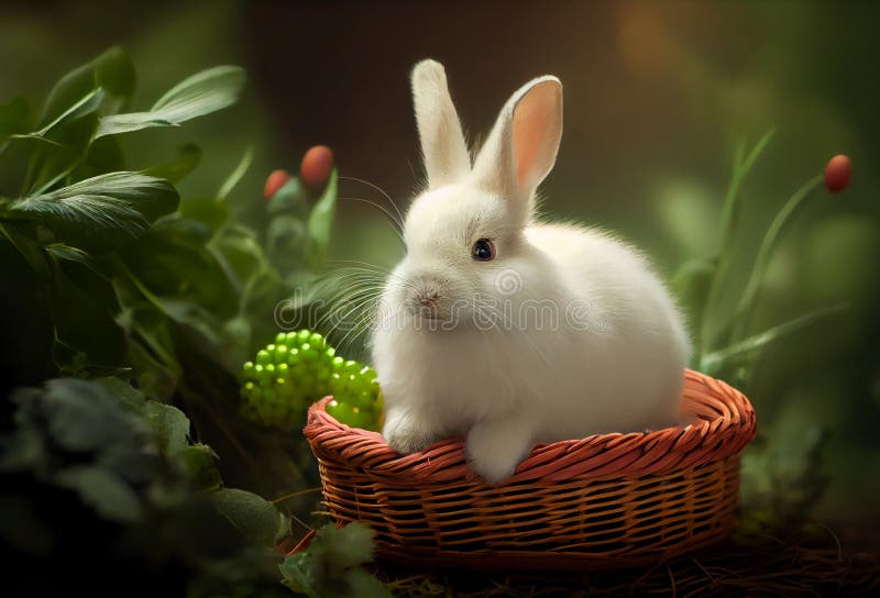 White Rabbit in a Wicker Basket in a Clearing. Stock Illustration ...