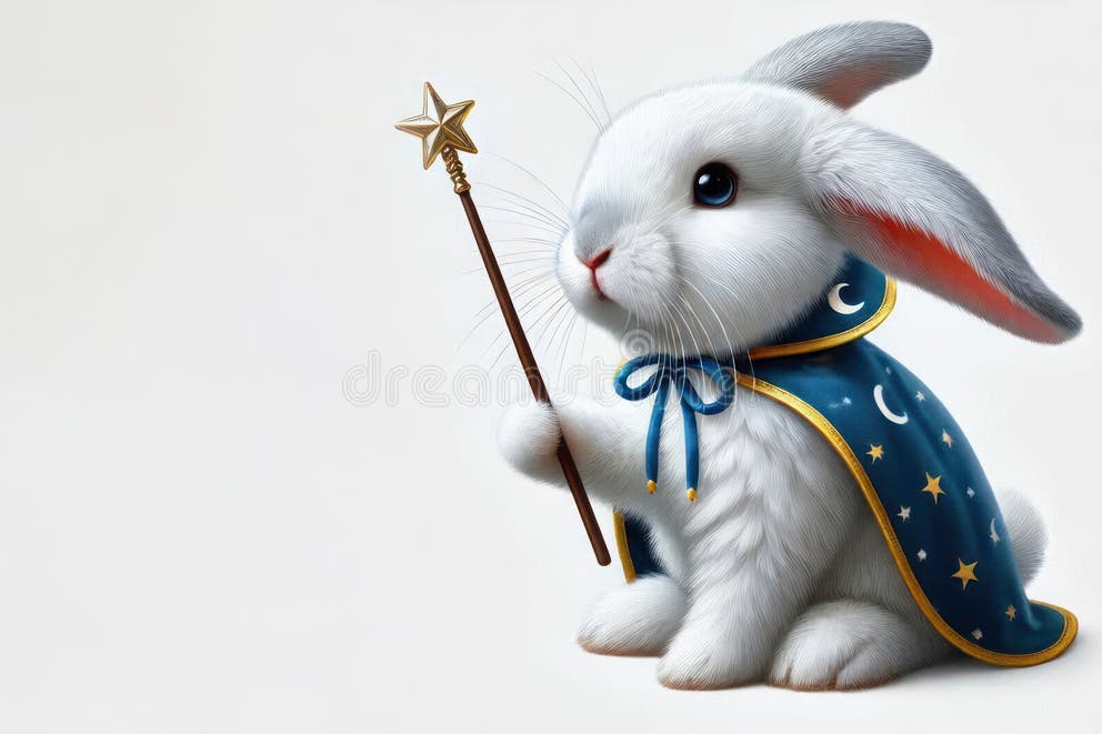 A White Rabbit Wizard with a Wand. Space for Text. Stock Image - Image ...