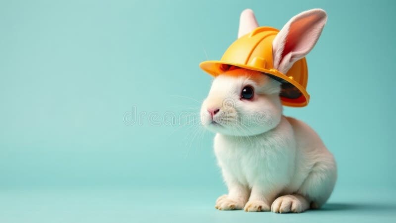 Rabbit in a Helmet of a Worker at a Construction Site Stock Photo ...