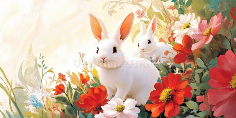 White Rabbits Colorful Flower Garden Illustration Stock Photos - Free ...