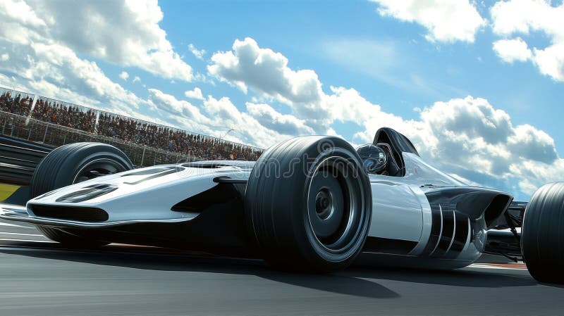 White Race Car Speeding on Track with Crowd Stock Illustration ...