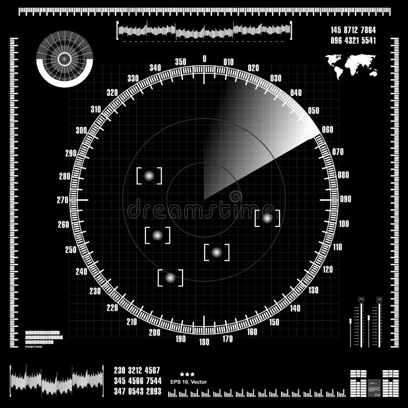 White Radar Screen on Black Background, HUD Interface Stock Vector ...