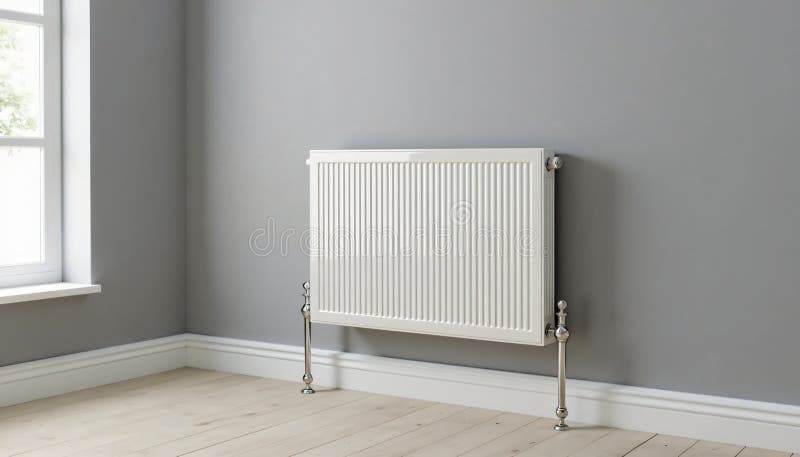 White Radiator Mounted on a Gray Wall in a Modern Interior. Stock Photo ...