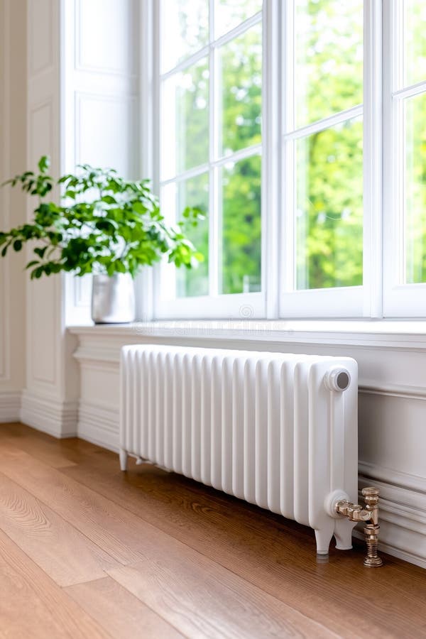 A White Radiator Sitting in Front of a Window Next To a Plant Stock ...