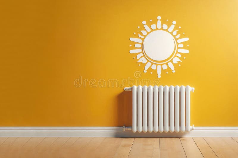 White Radiator on a Yellow Wall with the Image of the Sun. Space for ...