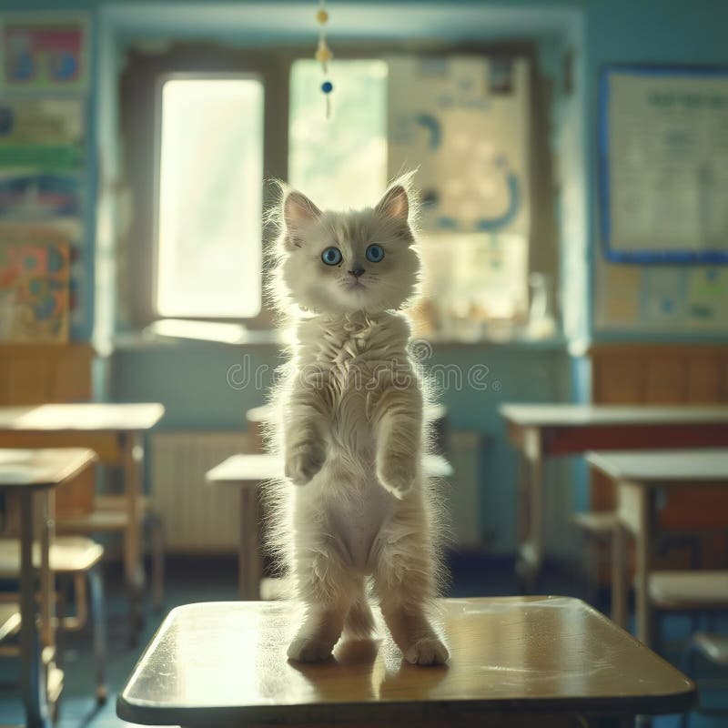 A Playful Ragdoll Kitten Stands on Its Hind Legs in a Classroom, Its ...