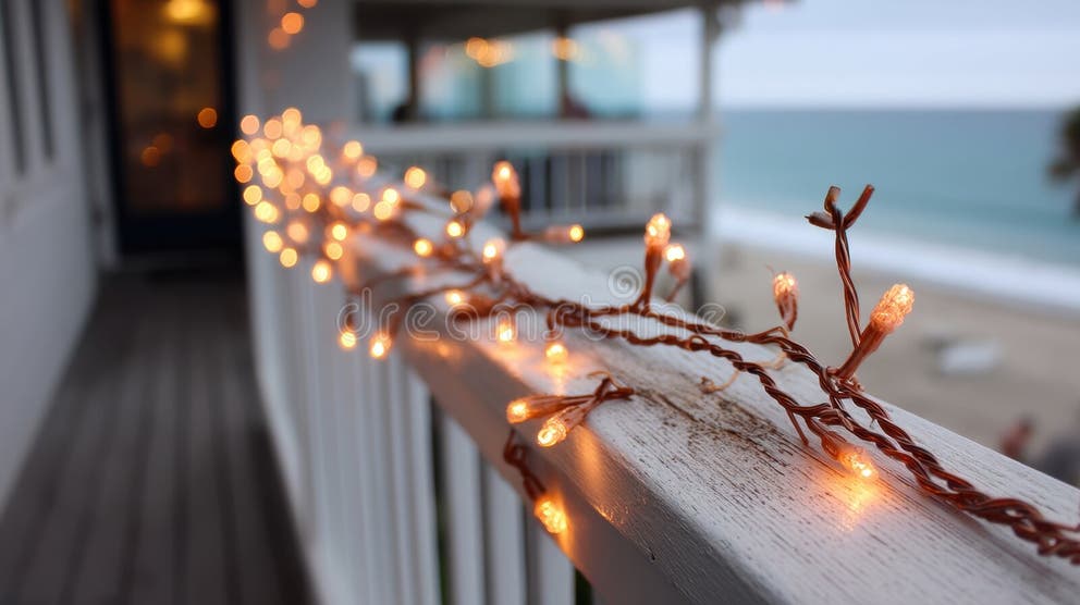 A White Railing Adorned with a String of Decorative Lights, Hello ...