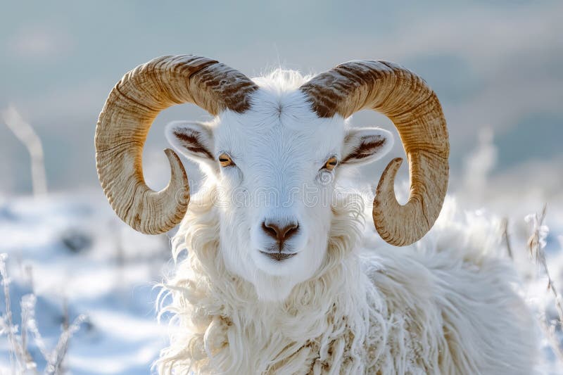 A White Ram with Large Horns Standing in the Snow. Generative AI Stock ...