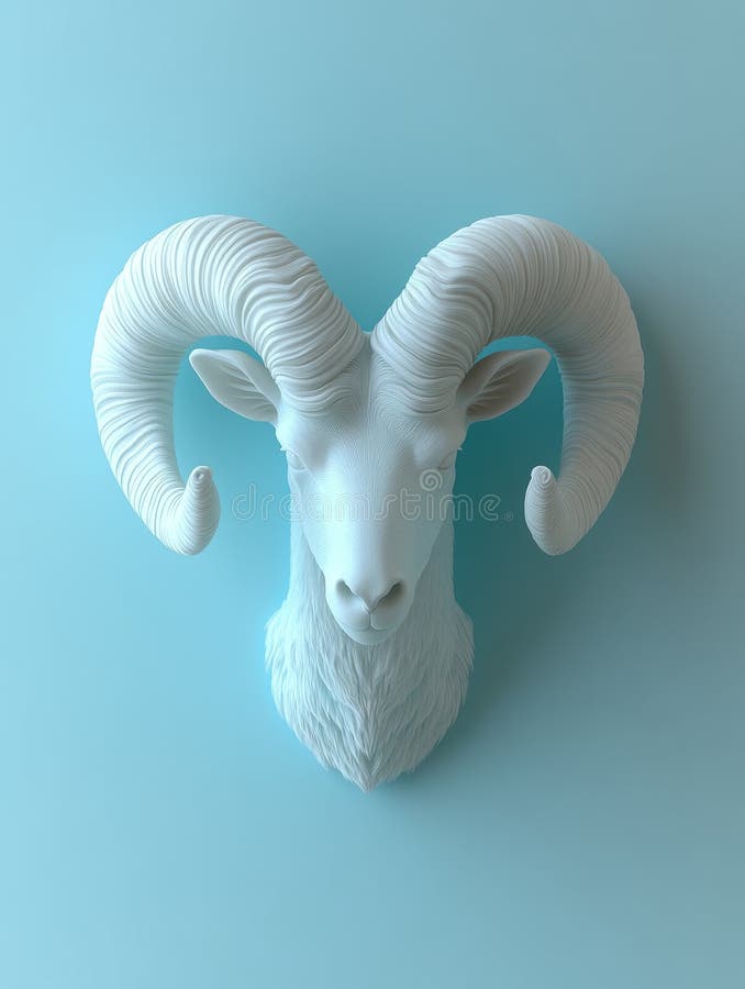White Ram Sculpture with Large Horns on Pastel Blue Background. Stock ...