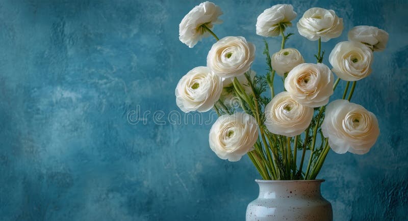 White Ranunculus Flowers Arranged in a Simple Vase Against a Blue ...