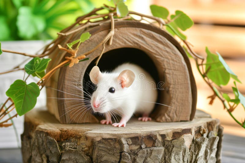 White Rat in a House on a Wooden Stump Stock Illustration ...