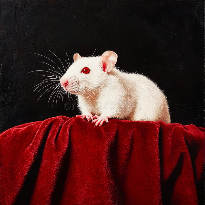 White Rat with Red Eyes Perched on a Plush Surface in a Decorative ...