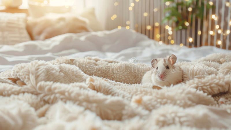 White Rat Resting on Blanket in Bedroom Stock Photo - Image of home ...