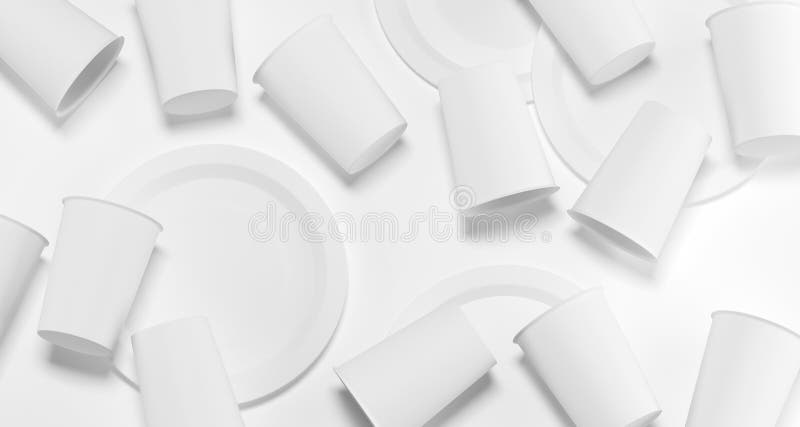 White Realistic Plastic Cups and Plates Top View 3D Rendering Stock ...