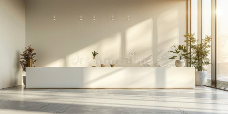 White Reception Counter in Modern Office with White Walls, Tiled Floor ...