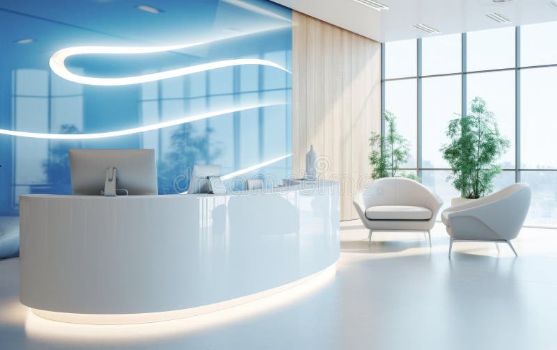 White Reception Desk in Modern Office with Panoramic Windows Stock ...