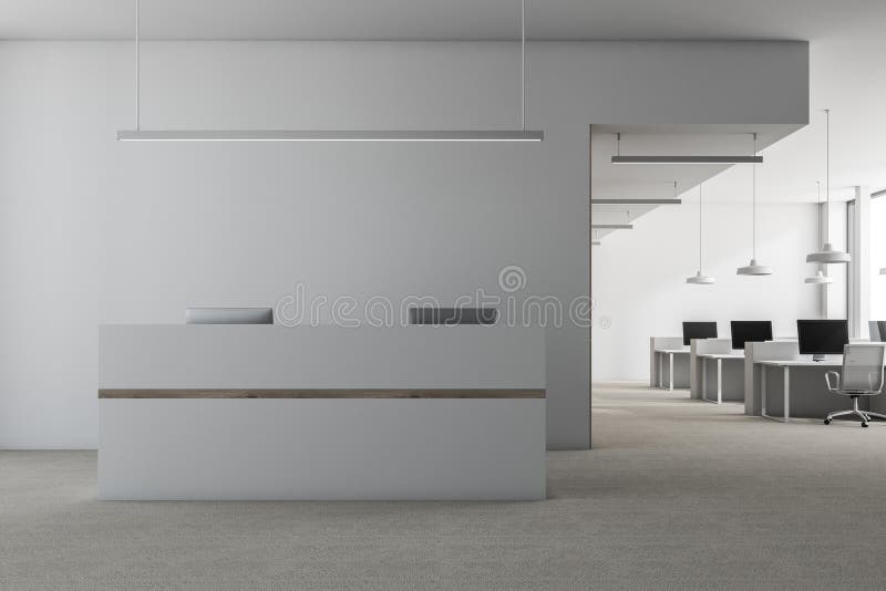 White Reception Desk in Open Space Office Stock Image - Image of ...