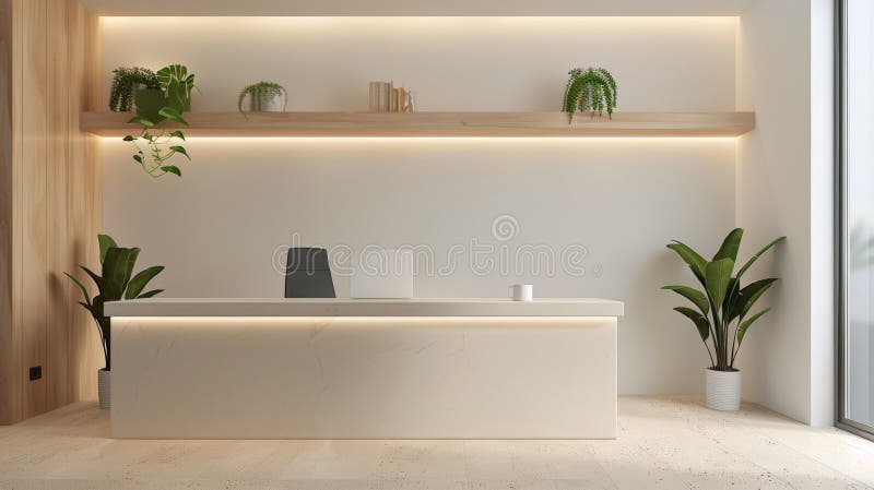 A White Reception Desk with Plants on the Wall and a Potted Plant, AI ...