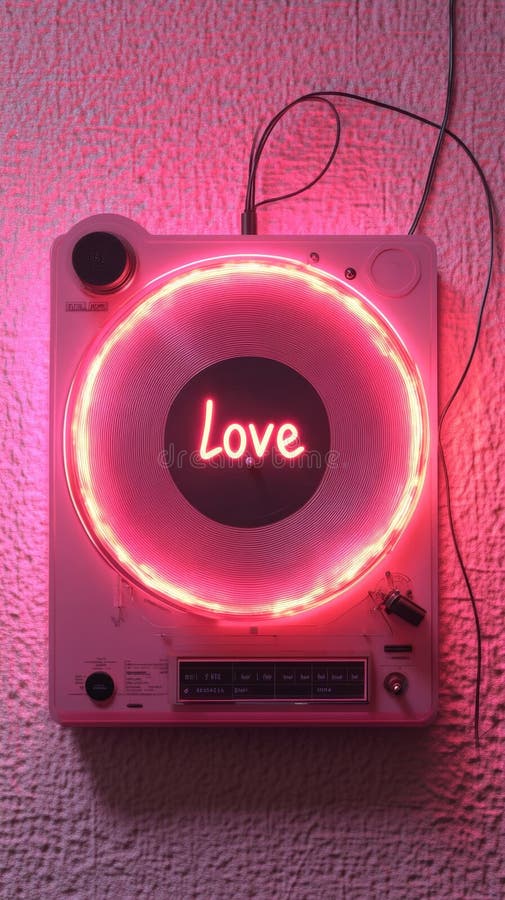 A White Record Player with a Pink Neon Light Shining Around the Disc ...