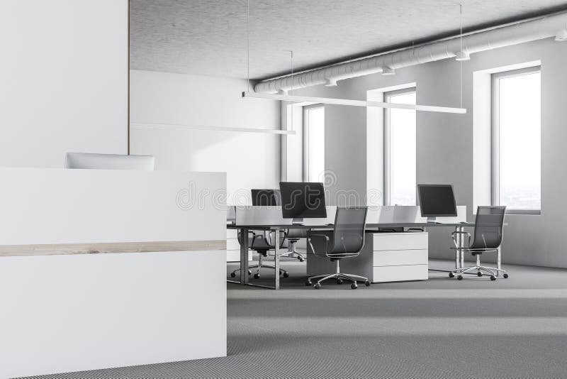 White Recption Desk in Modern Office Side View Stock Photo - Image of ...