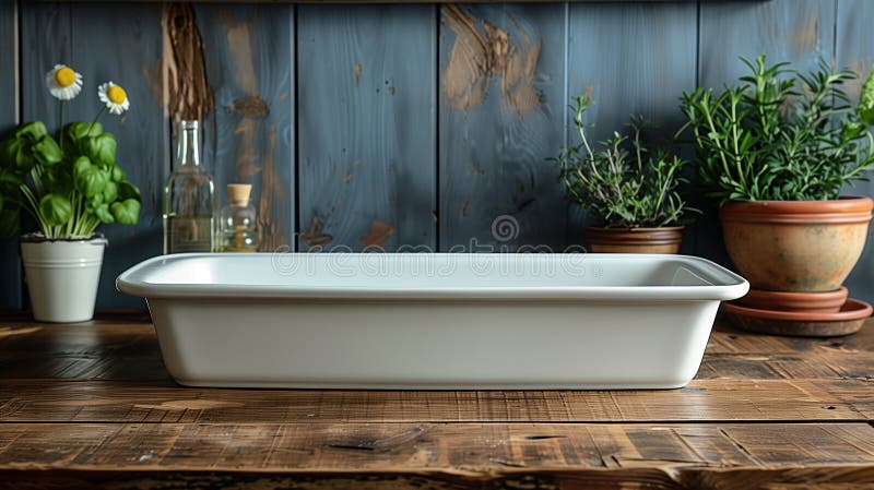 White Rectangular Baking Dish on Wooden Tabletop Stock Image - Image of ...