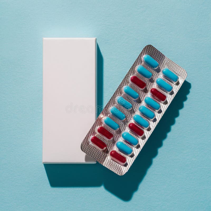 White Rectangular Box with Blister Pack of Blue and Red Capsules, Light ...