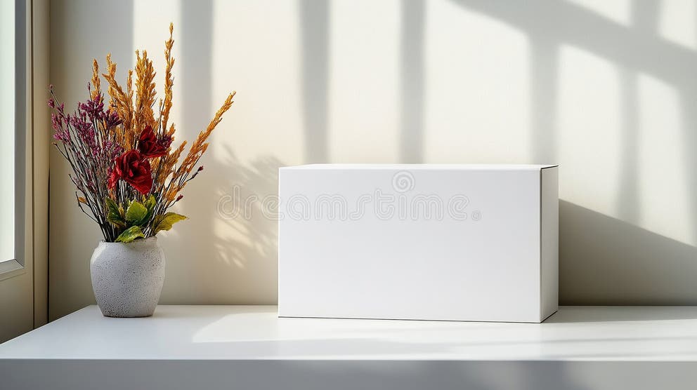 White Rectangular Box Mockup Casting a Shadow on a White Table with a ...