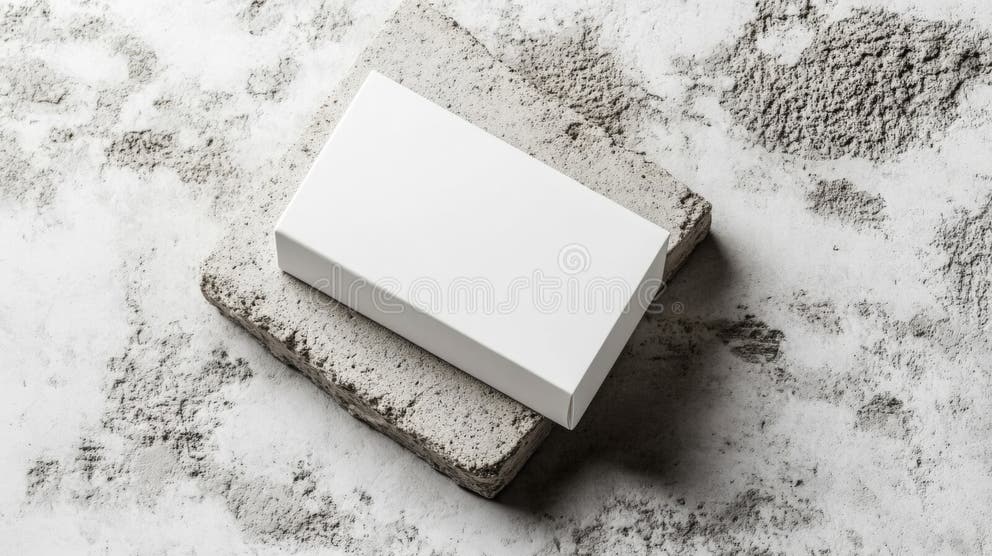 White Rectangular Box on Rough Stone Block with Mottled Gray Background ...